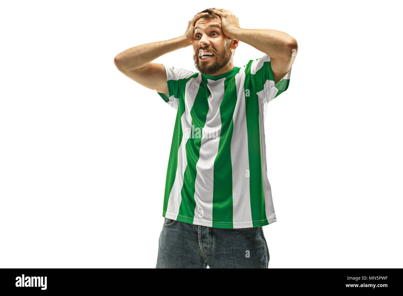 The unhappy and sad Irish fan on white background Stock Photo - Alamy
