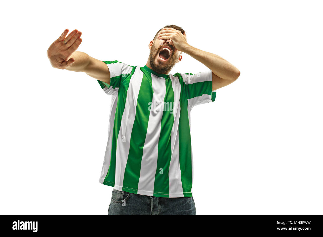 The unhappy and sad Irish fan on white background Stock Photo - Alamy