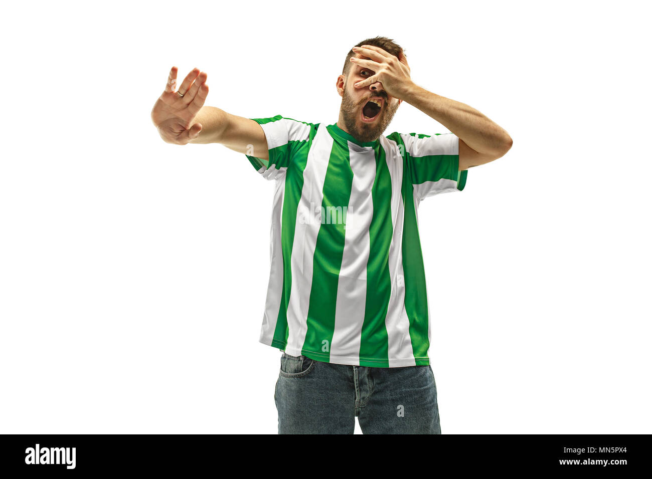 The unhappy and sad Irish fan on white background Stock Photo - Alamy