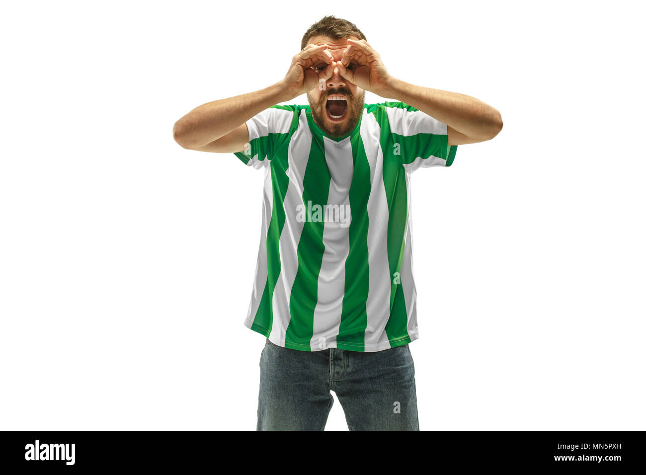 Irish fan celebrating on white background Stock Photo - Alamy