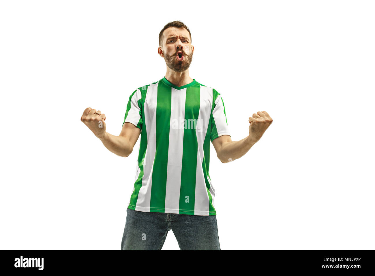 Irish fan celebrating on white background Stock Photo - Alamy