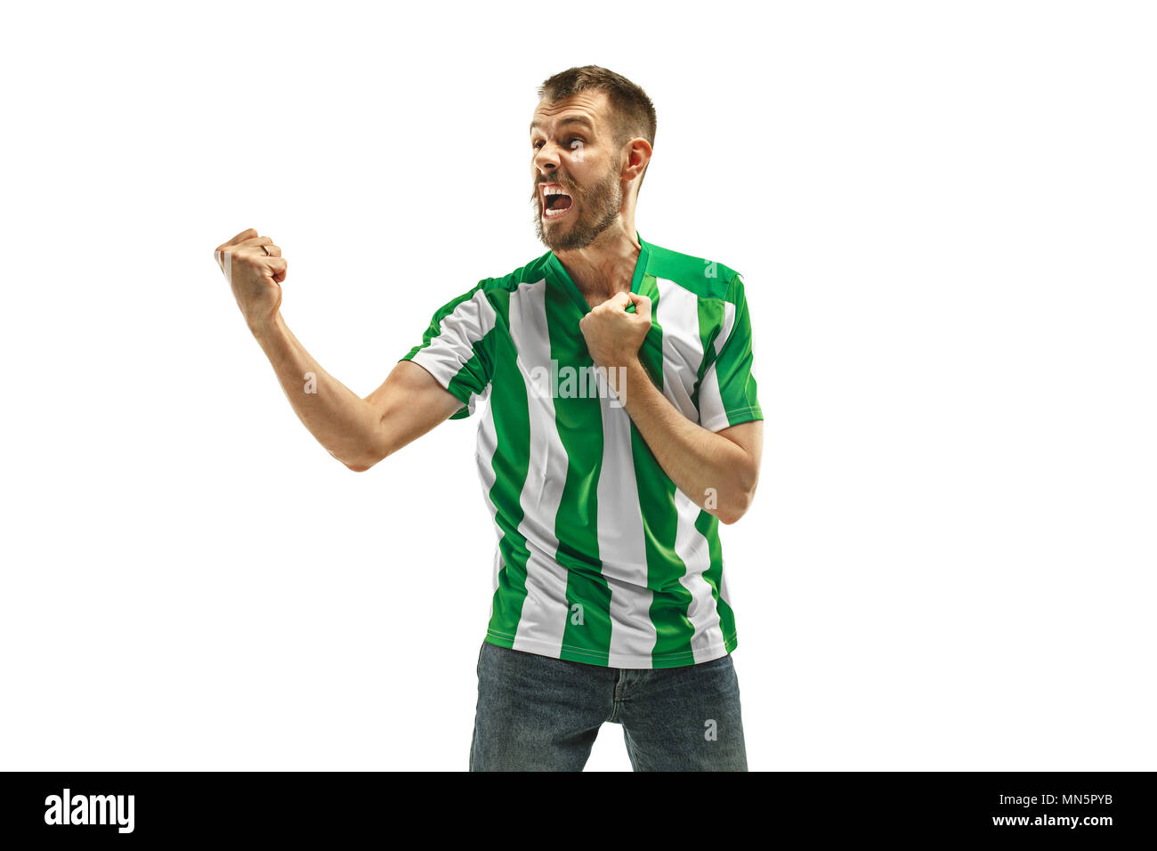 Irish fan celebrating on white background Stock Photo - Alamy