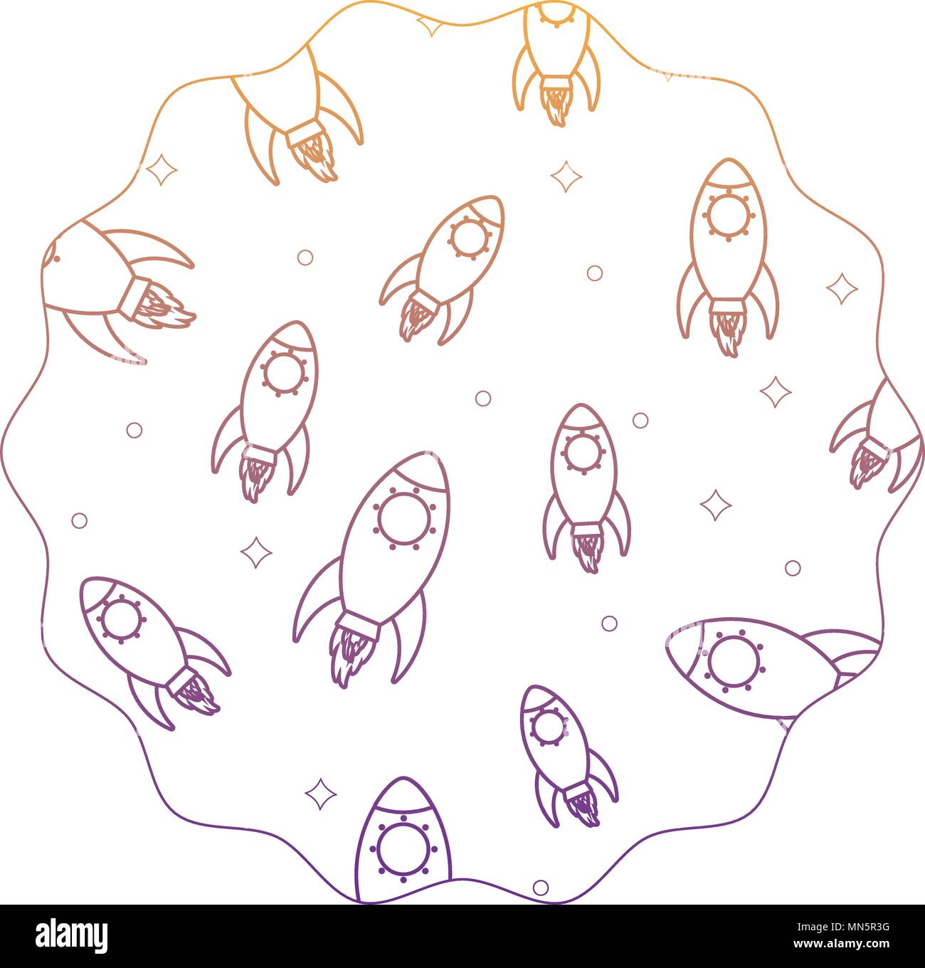 circular frame with space rockets pattern over white background, vector ...