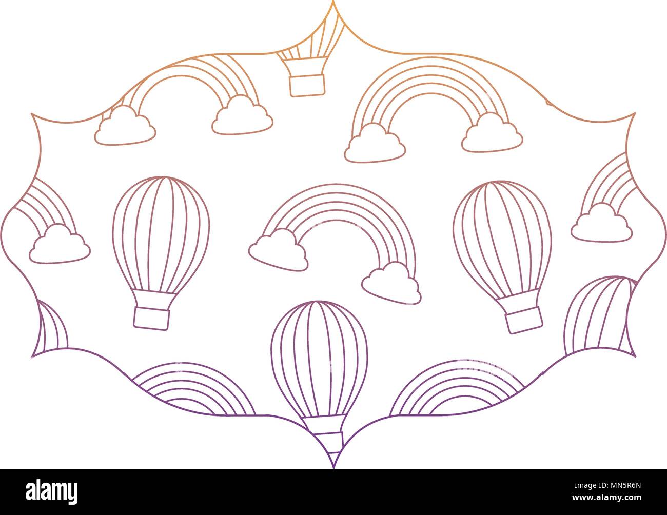 arabic frame with rainbow and hot air balloons pattern over white ...