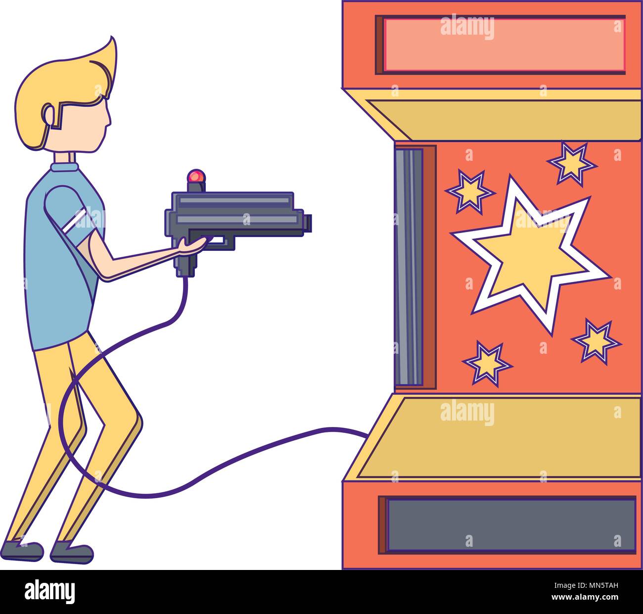 boy playing light gun arcade machine over white background, vector ...