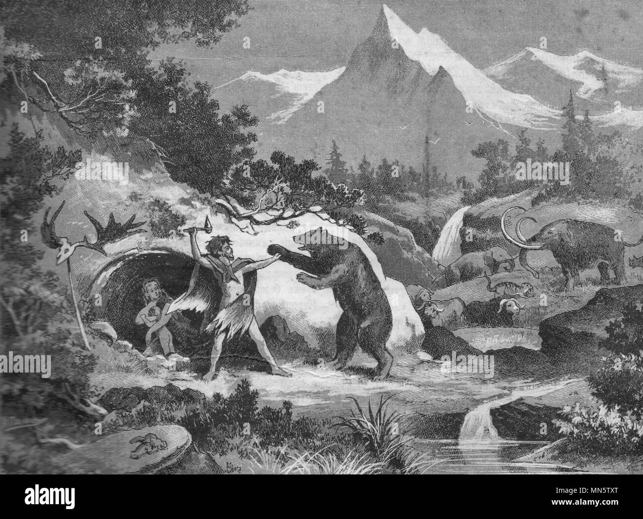 Stone age. Vintage engraved illustration. Published in magazine in 1900 ...