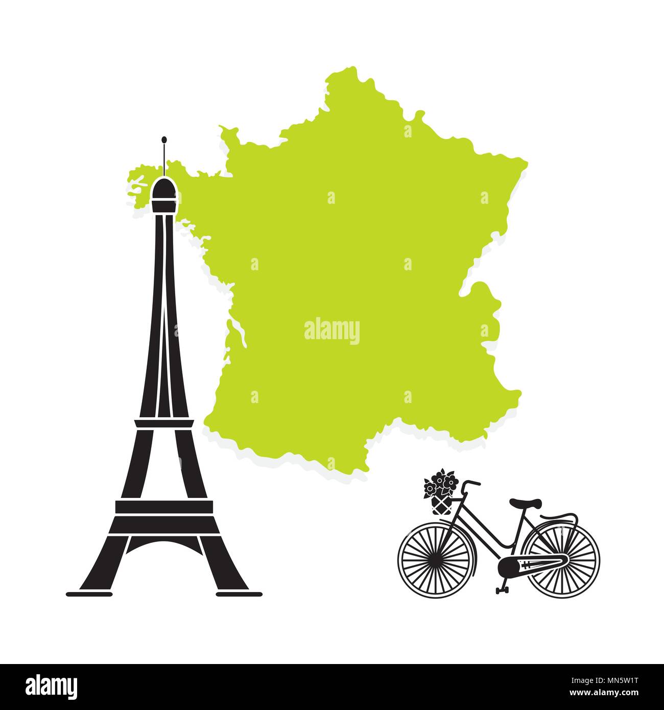 Map of France, famous tower of Paris, bicycle with a basket of flowers ...