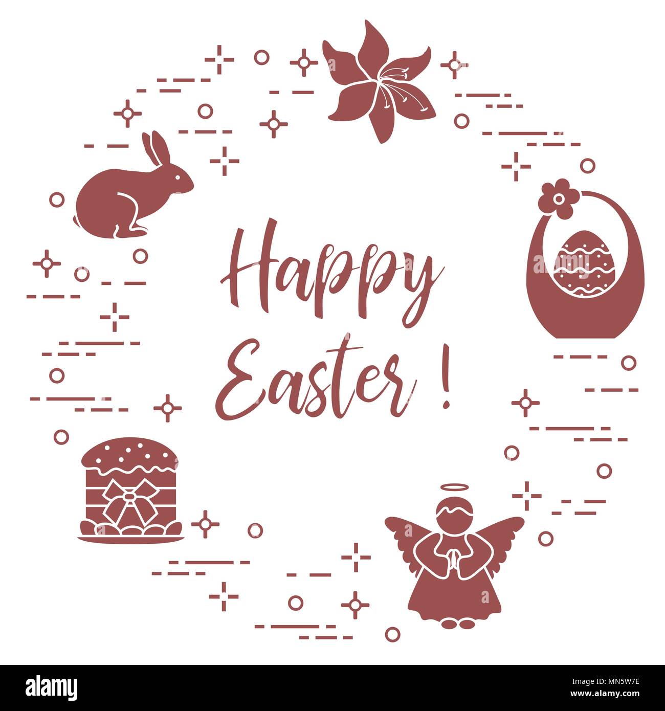 Easter symbols. Easter cake, basket, eggs, rabbit, flowers, angel Stock ...