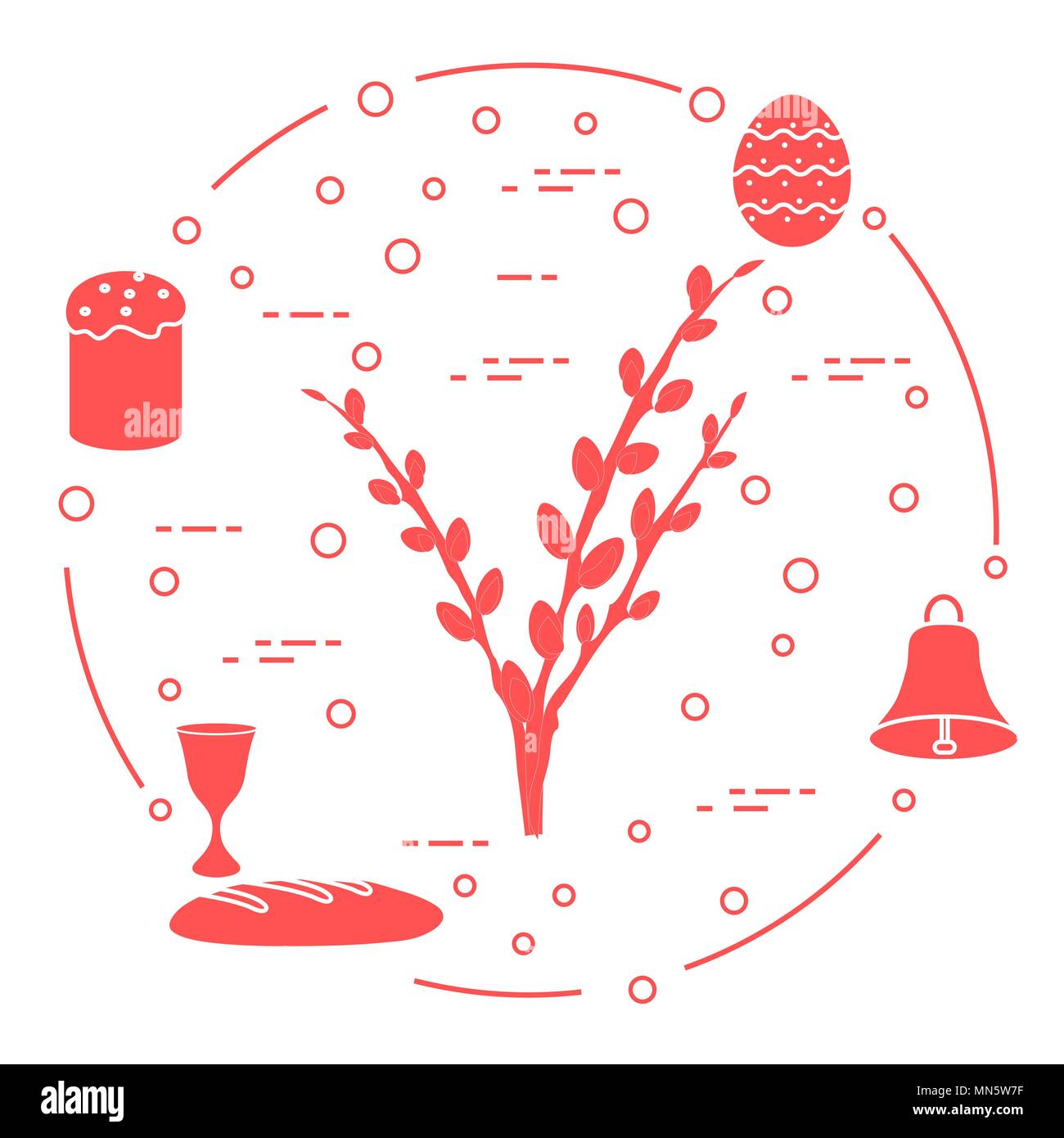 Easter symbols. Easter cake, willow branches, bell, bowl, bread, egg ...