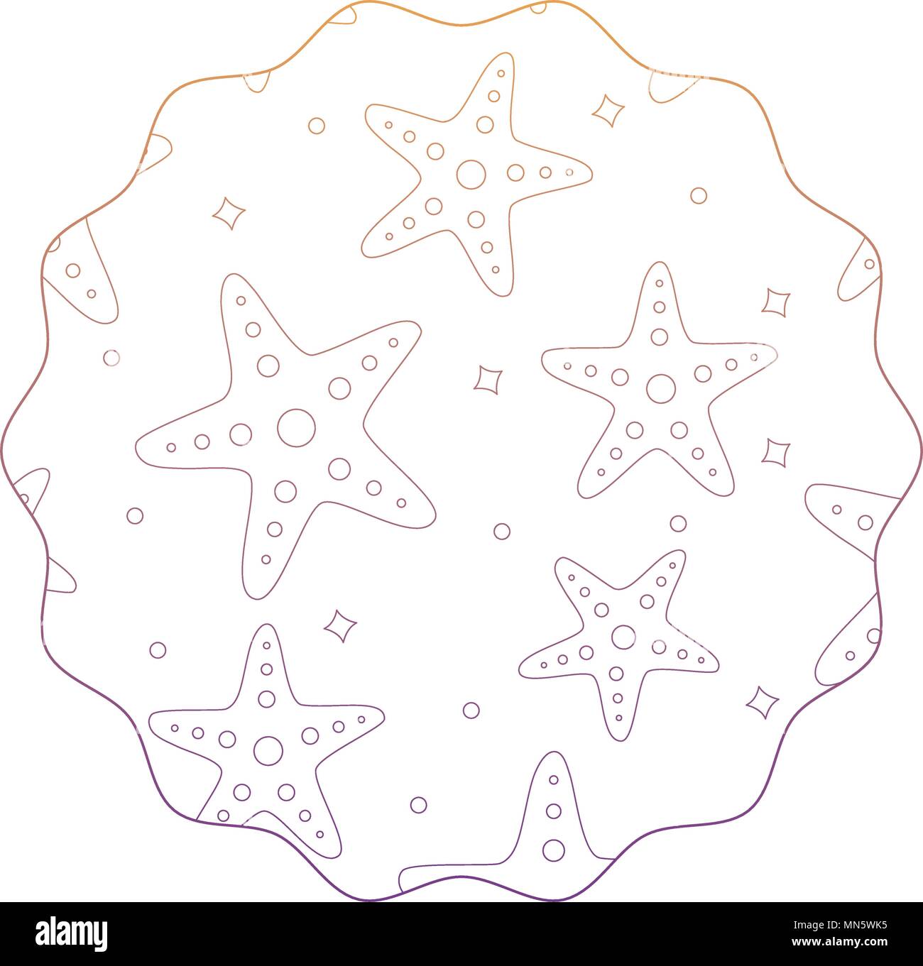 circular frame with sea stars pattern over white background, vector ...
