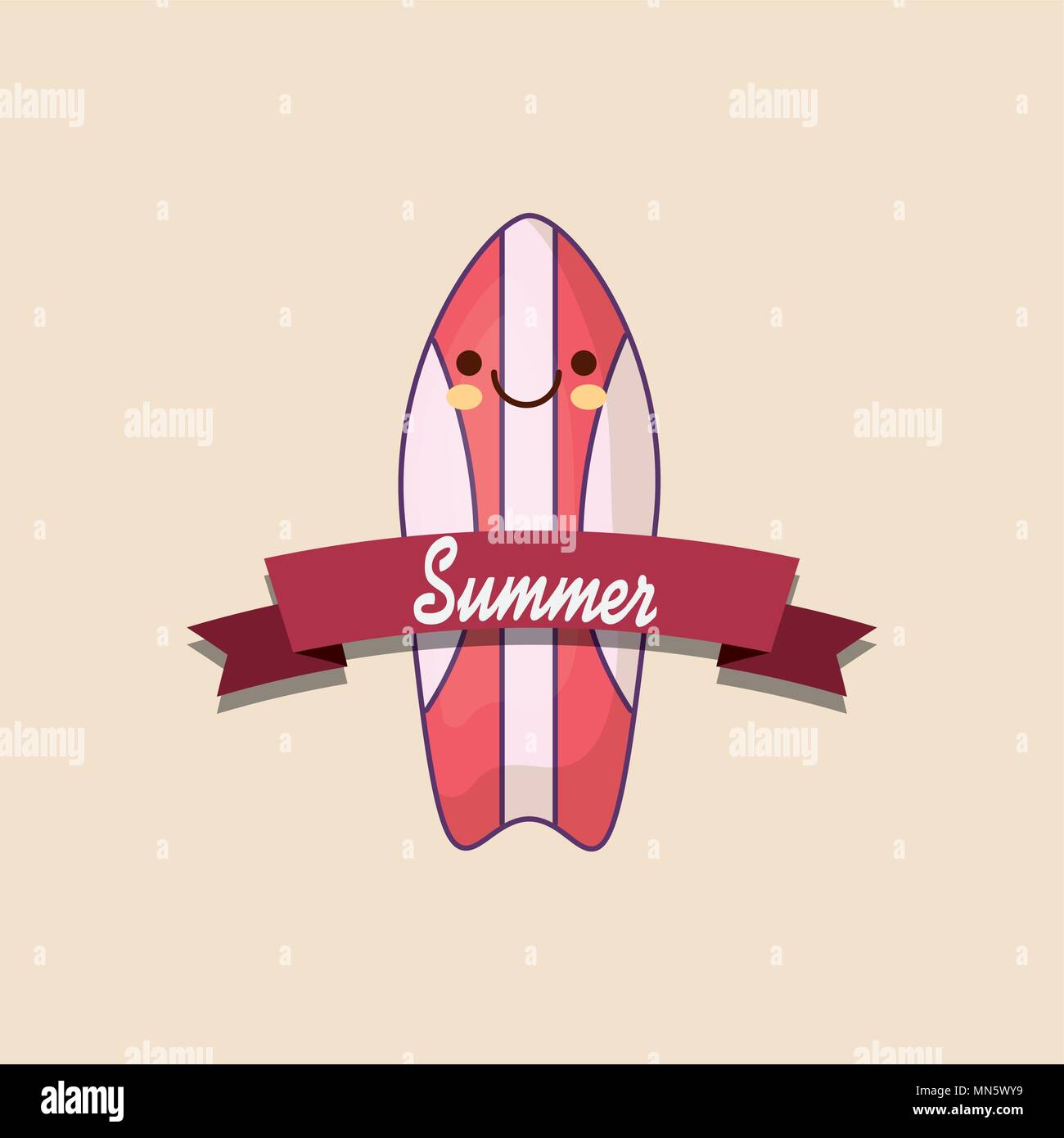 summer emblem with kawaii surfboard over white background, colorful ...