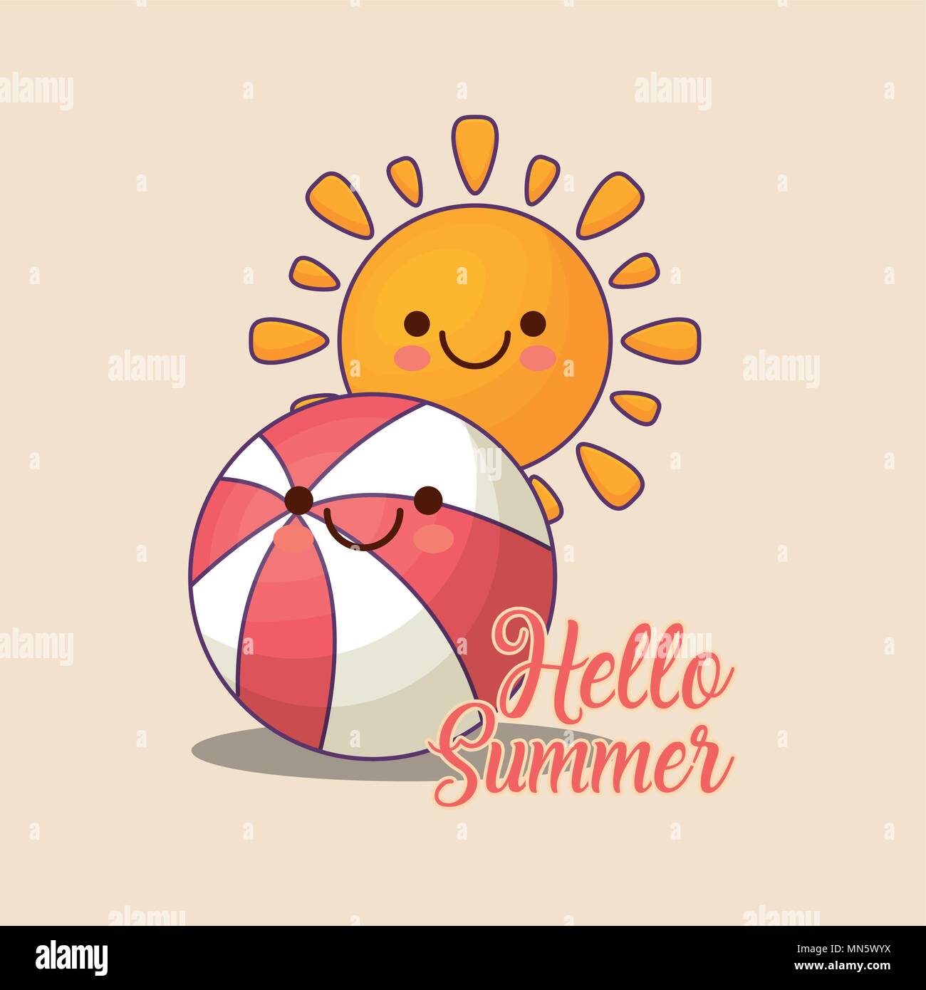 hello summer design with kawaii sun and pool ball over white background ...