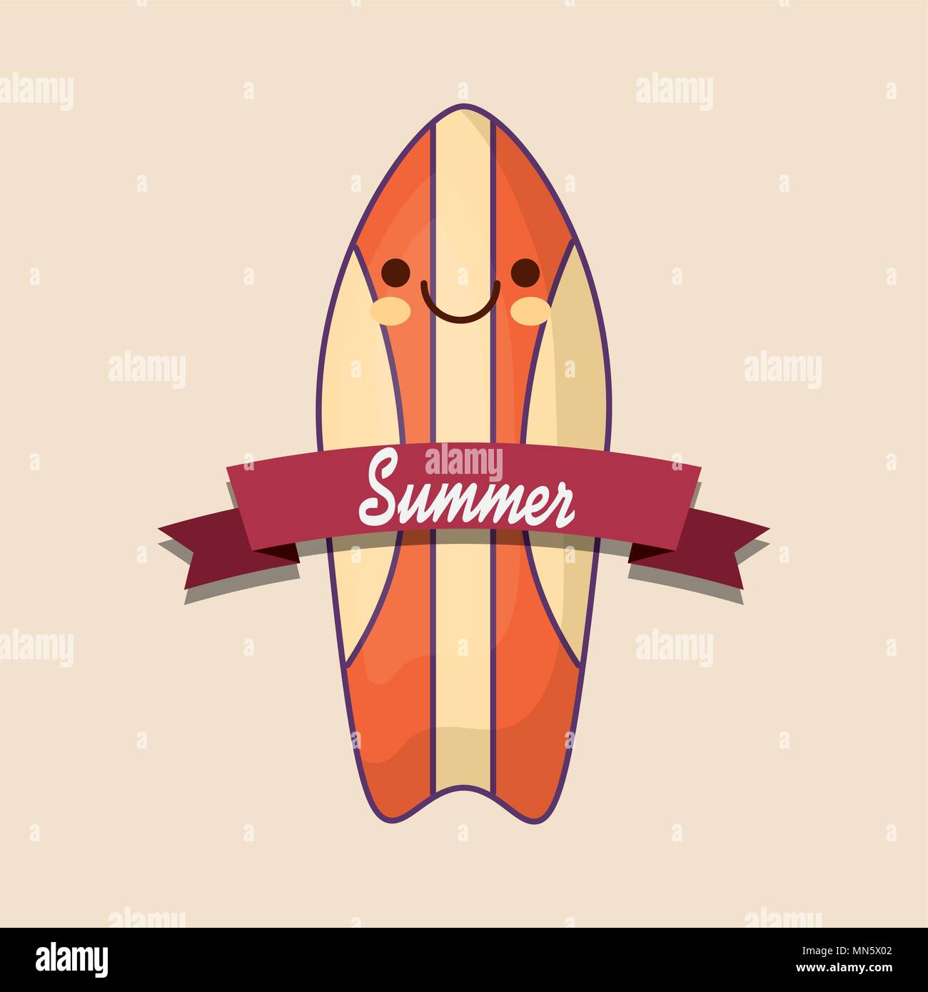 summer emblem with kawaii surfboard over white background, colorful ...