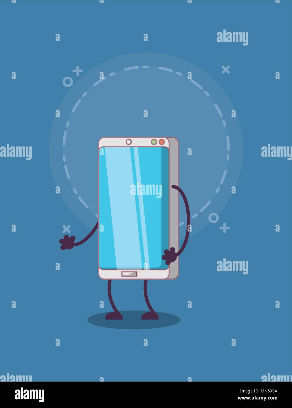 cartoon smartphone standing over blue background, colorful design ...