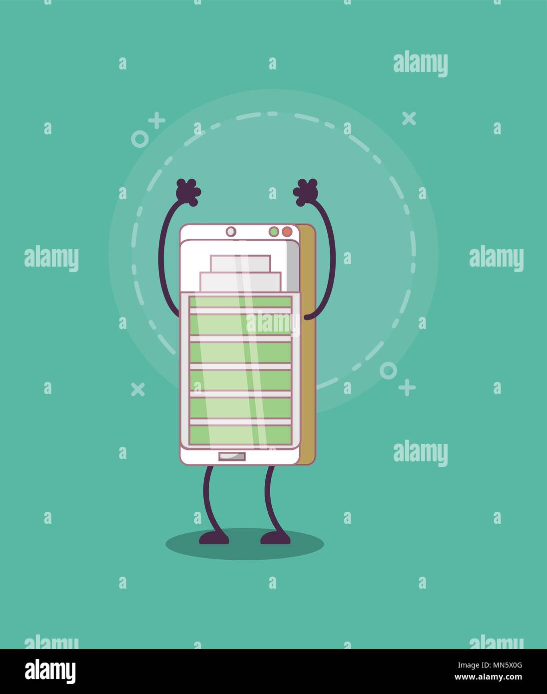 cartoon smartphone with battery on screen over turquoise background ...