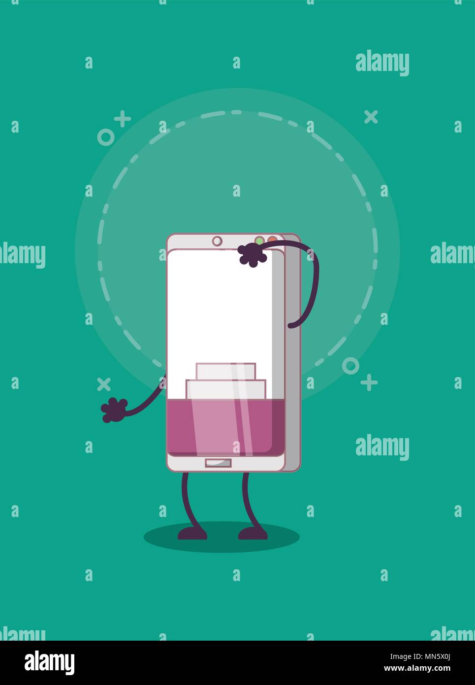 cartoon smartphone with battery on screen over turquoise background ...