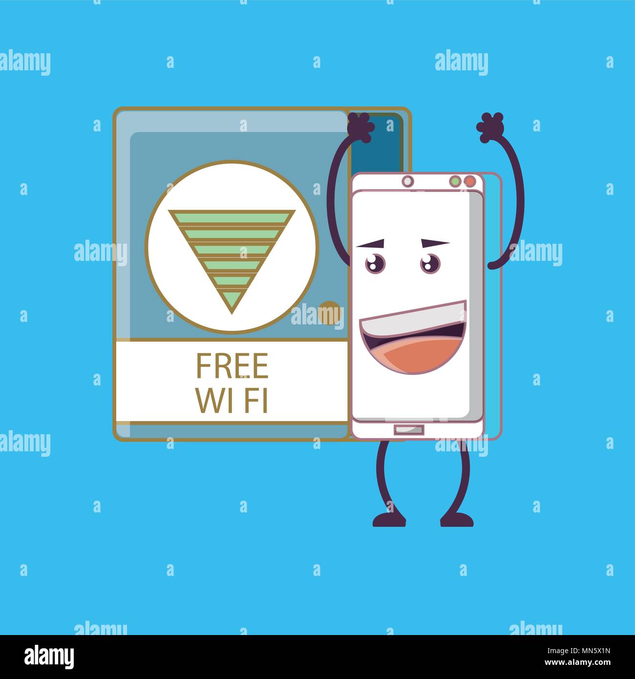 cartoon smartphone on free wifi zone over blue background, colorful ...