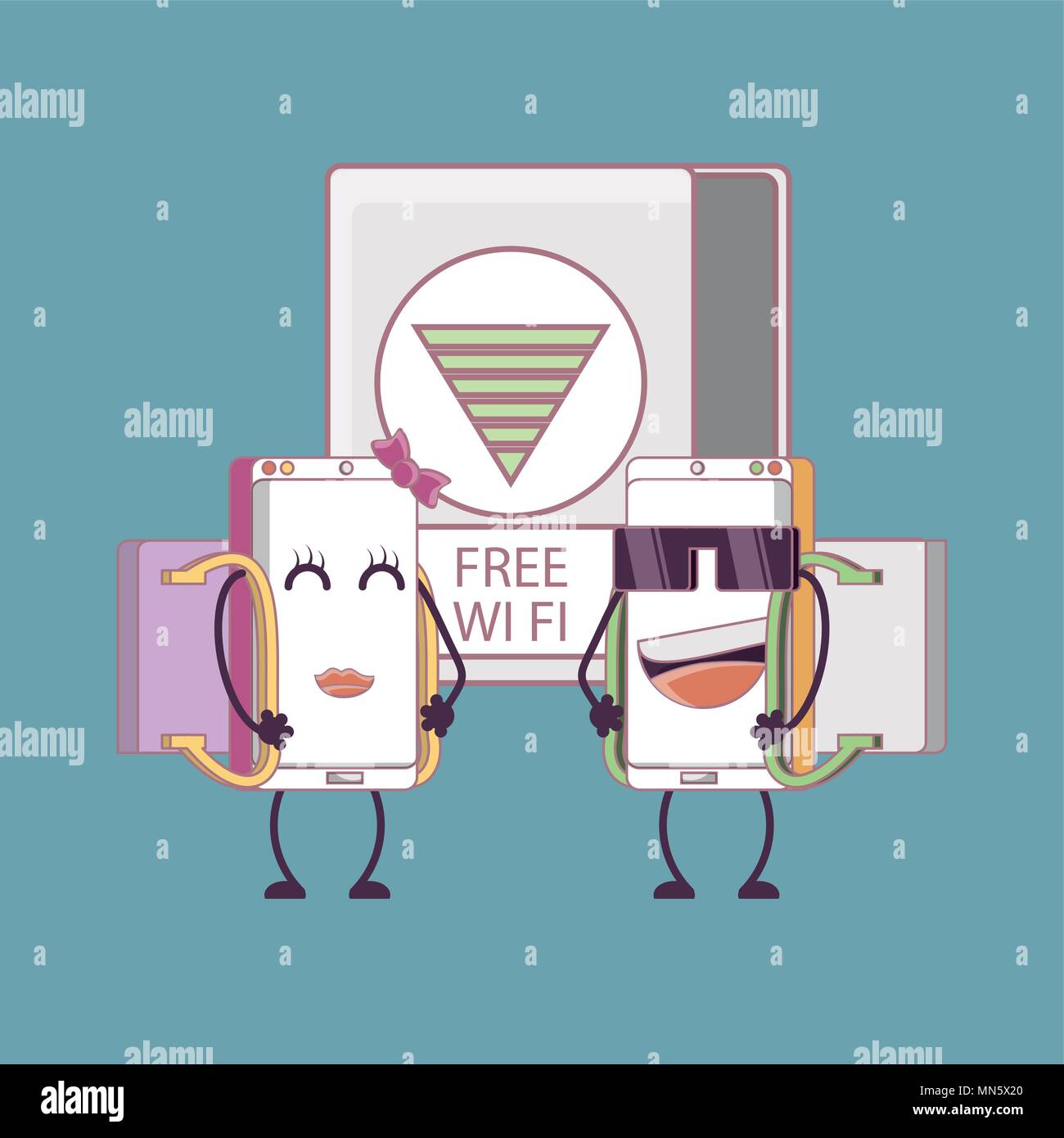 cartoon smartphone on free wifi zone over blue background, colorful ...