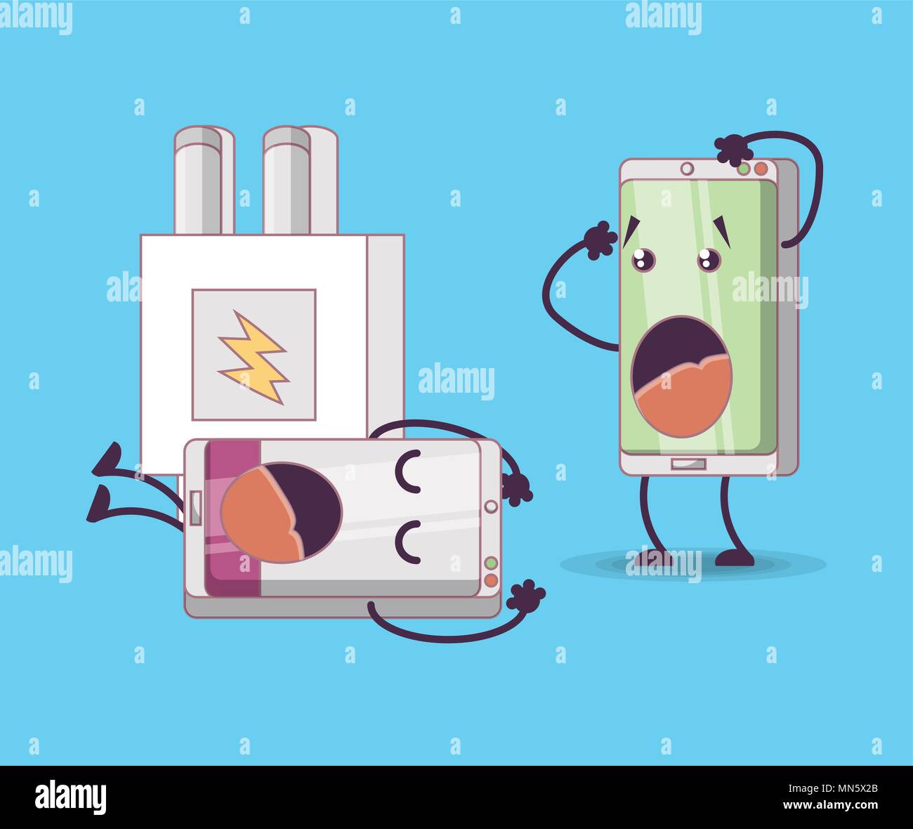 cartoon worried smartphones with energy plug over blue background ...