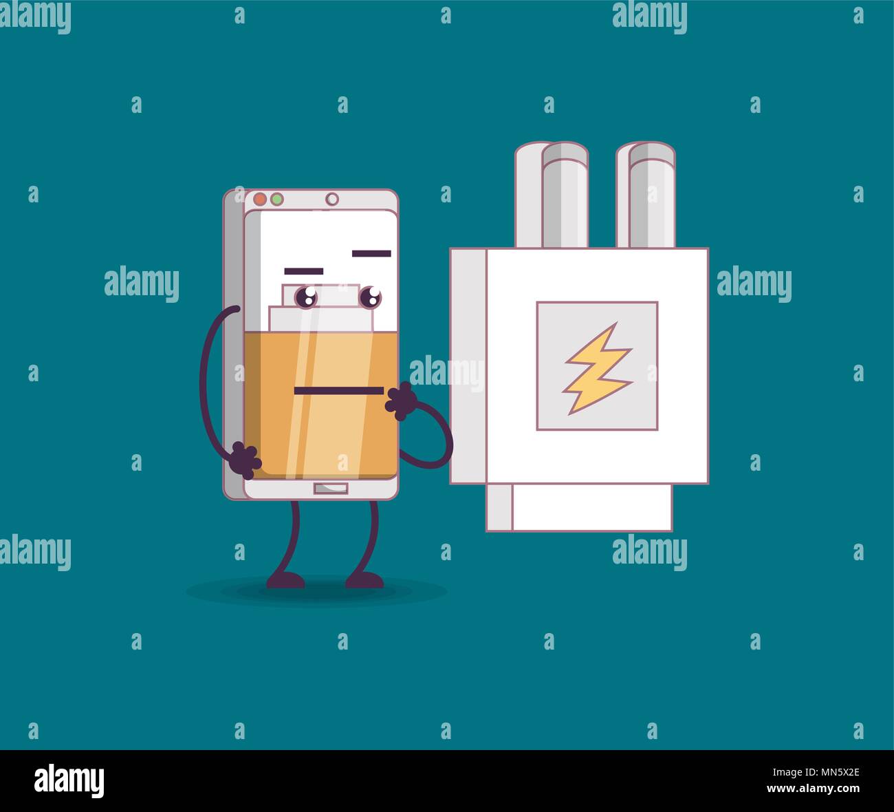 cartoon smartphone with energy plug over blue background, colorful ...