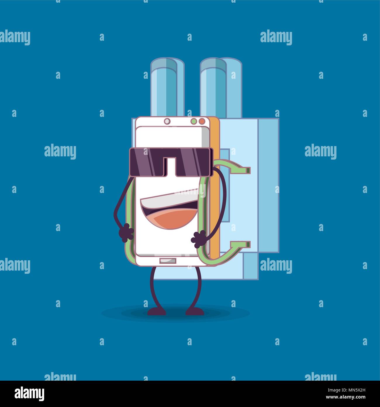 cartoon smartphone with energy plug over blue background, colorful ...