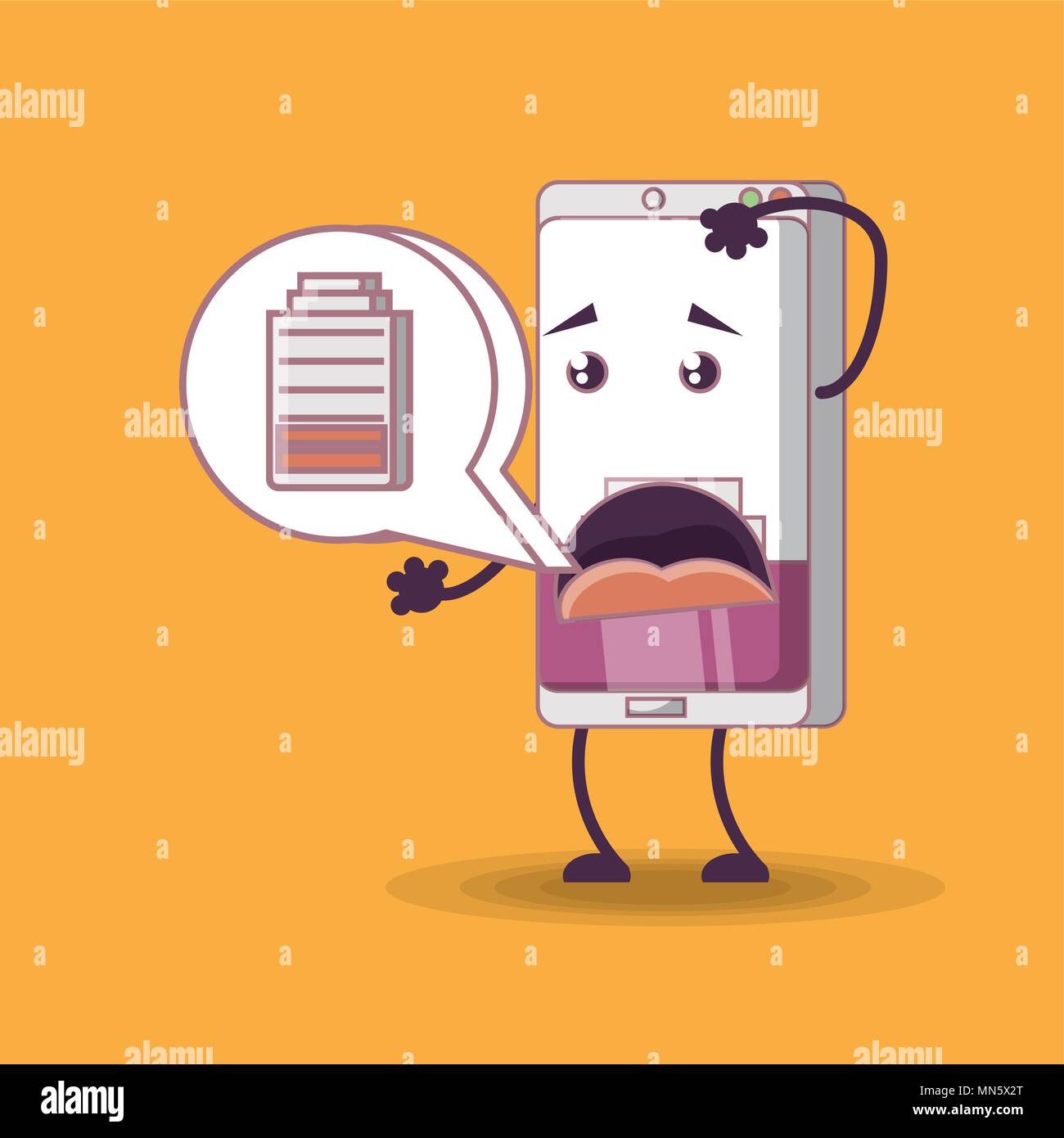 cartoon smartphone worried and thinking on charge over yellow ...