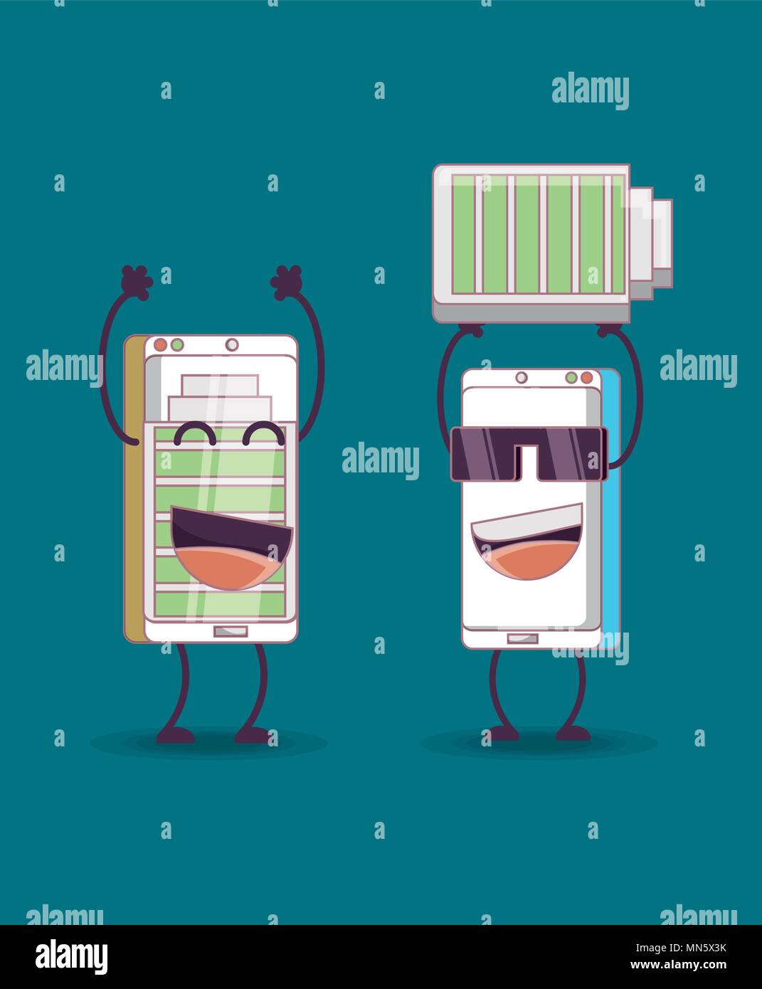 cartoon happy smartphones with battery over blue background, colorful ...