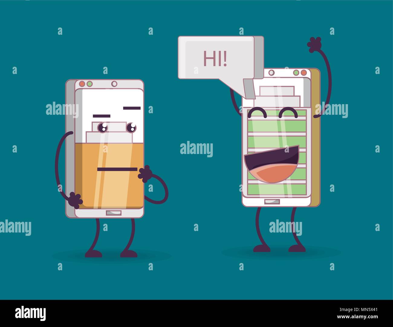 cartoon smartphones talking over blue background, colorful design ...