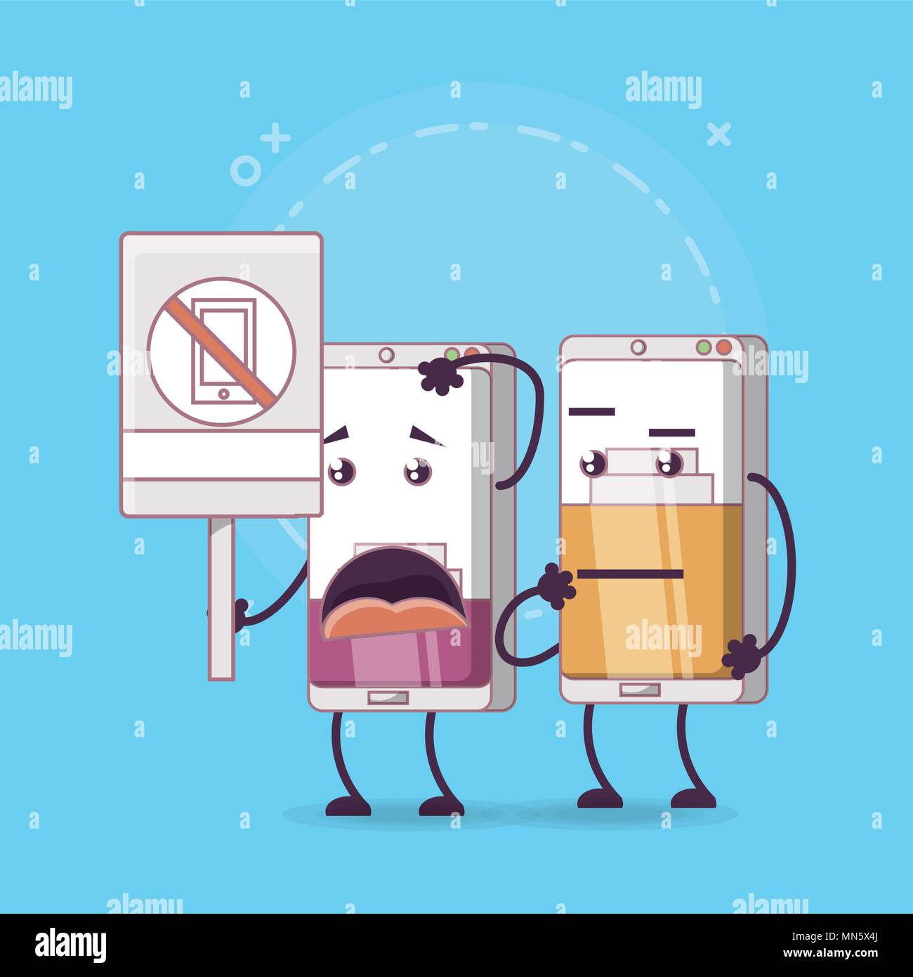 cartoon worried smartphones on no mobile zone over blue background ...