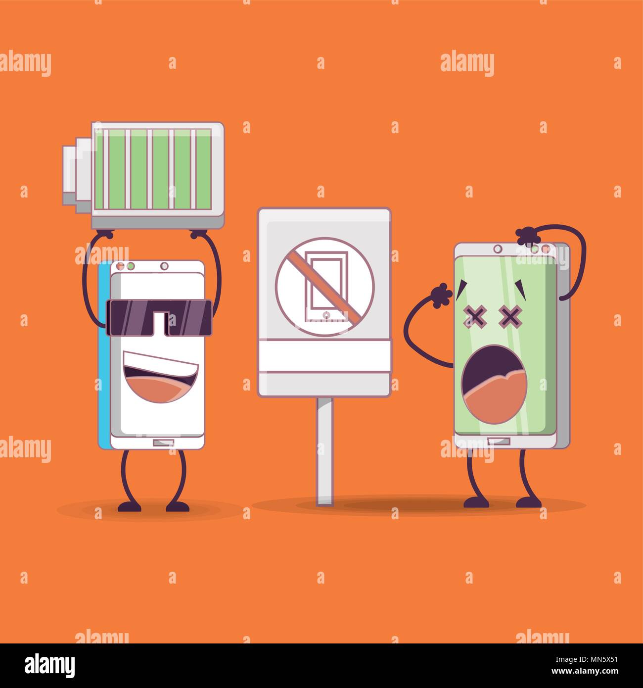 cartoon smartphones with battery on no mobile zone over orange ...