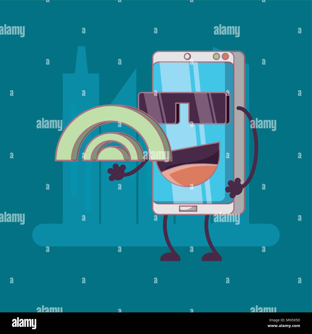 cartoon smartphone with nfc symbol over blue background, colorful ...