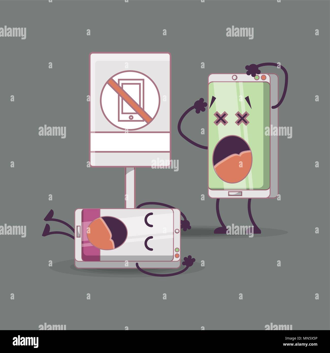 cartoon worried smartphones on no mobile zone over gray background ...