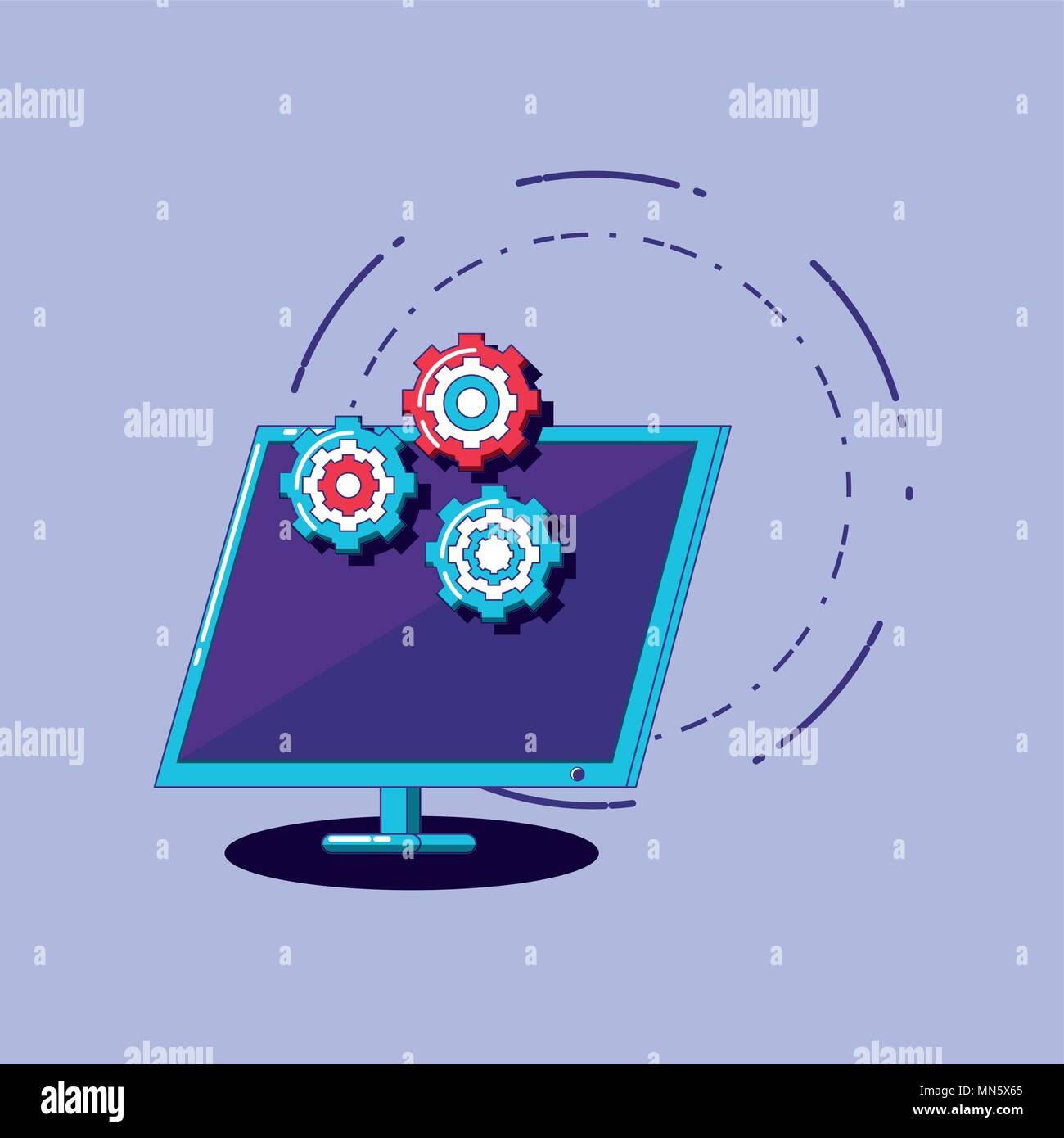 computer and gear wheels over purple background, colorful design ...