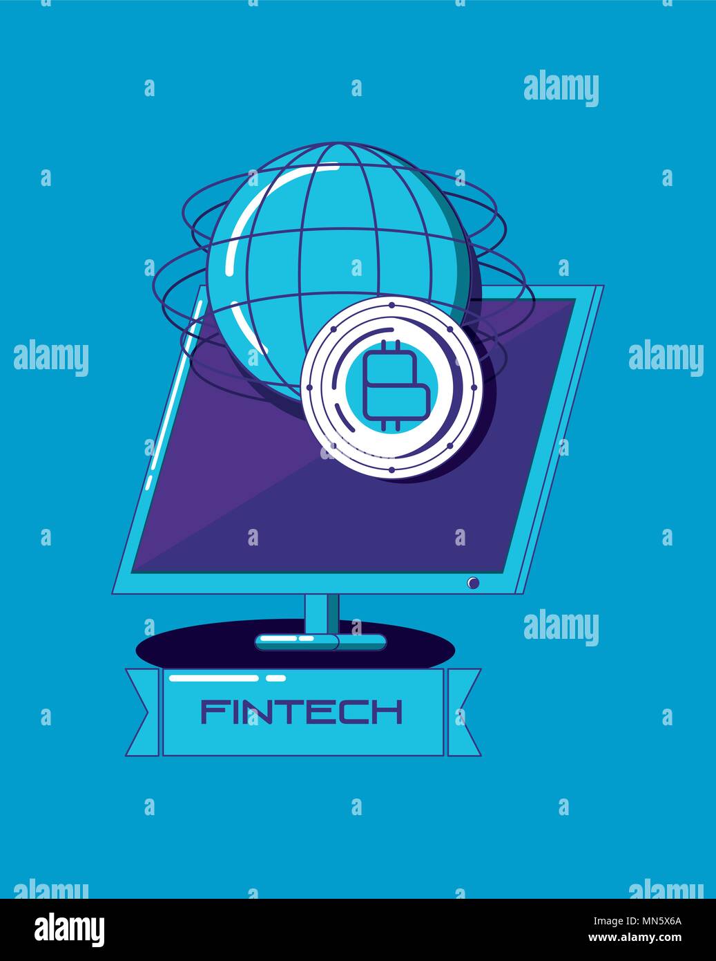 Fintech concept with computer and global sphere over blue background ...