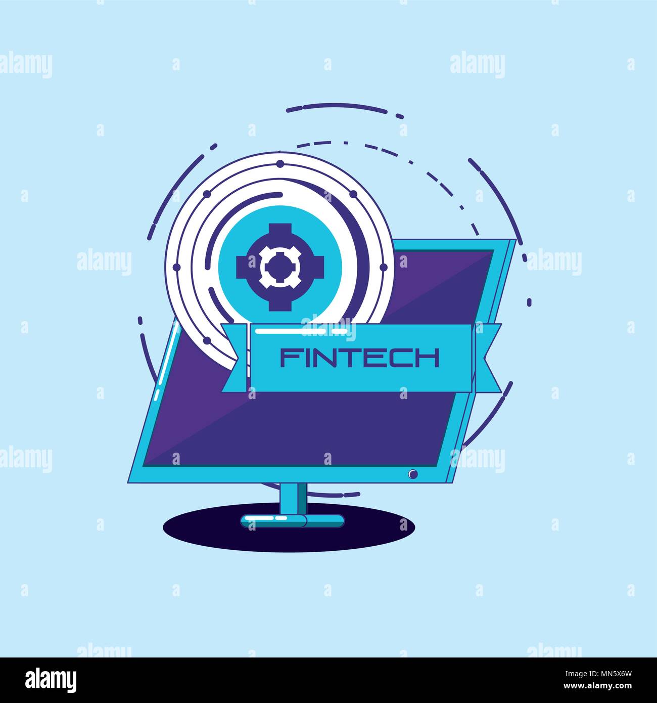Fintech concept with computer and gear wheel over blue background ...
