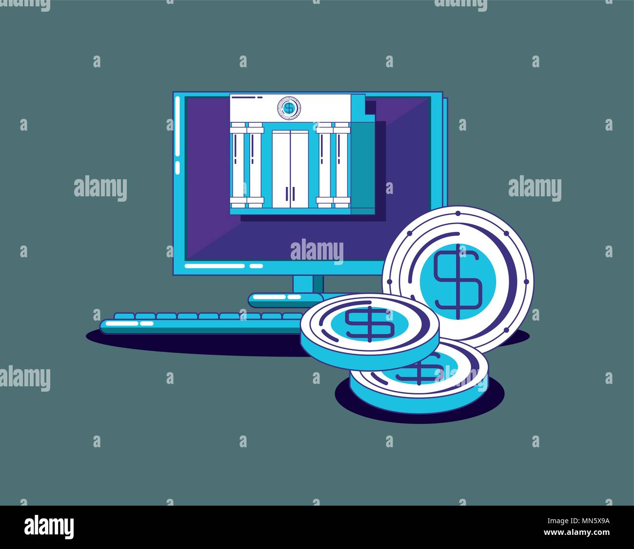 computer and money coin over gray background, colorful design. vector ...