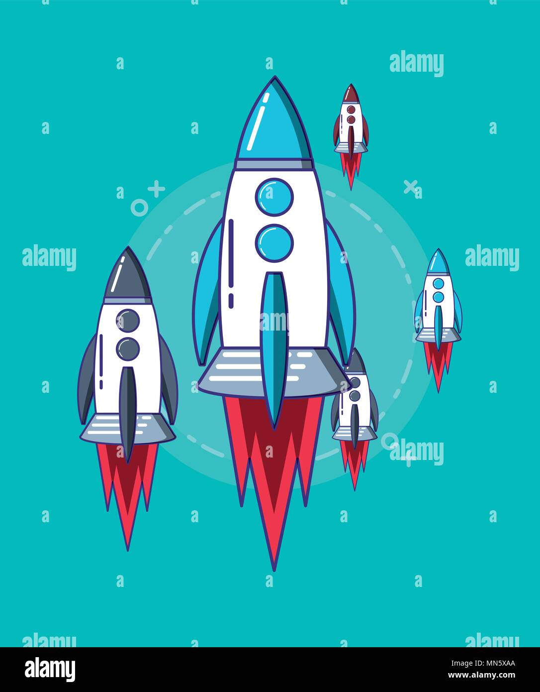 space rockets over turquoise background, colorful design. vector ...