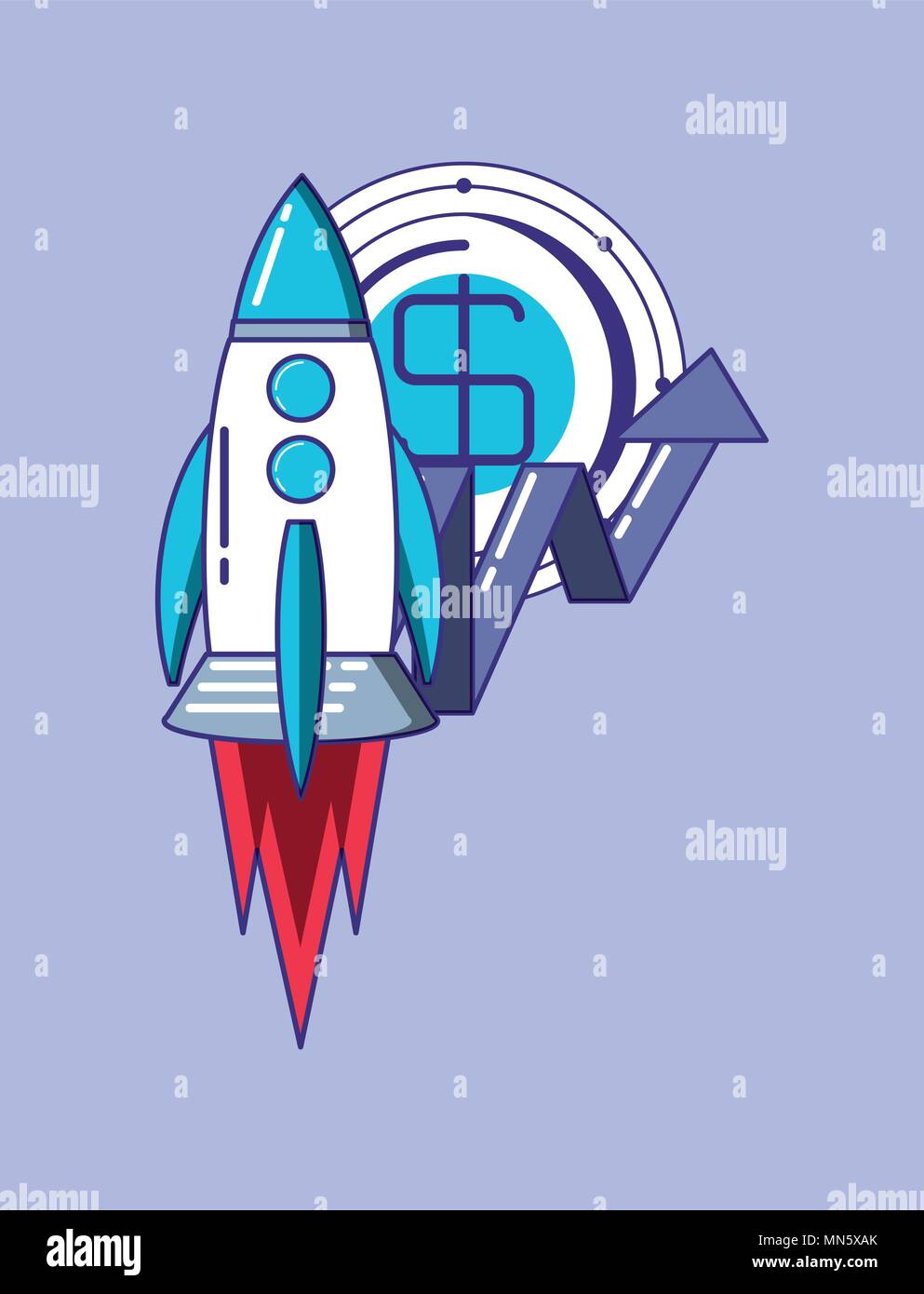 rocket and money coin over purple background, colorful design. vector ...