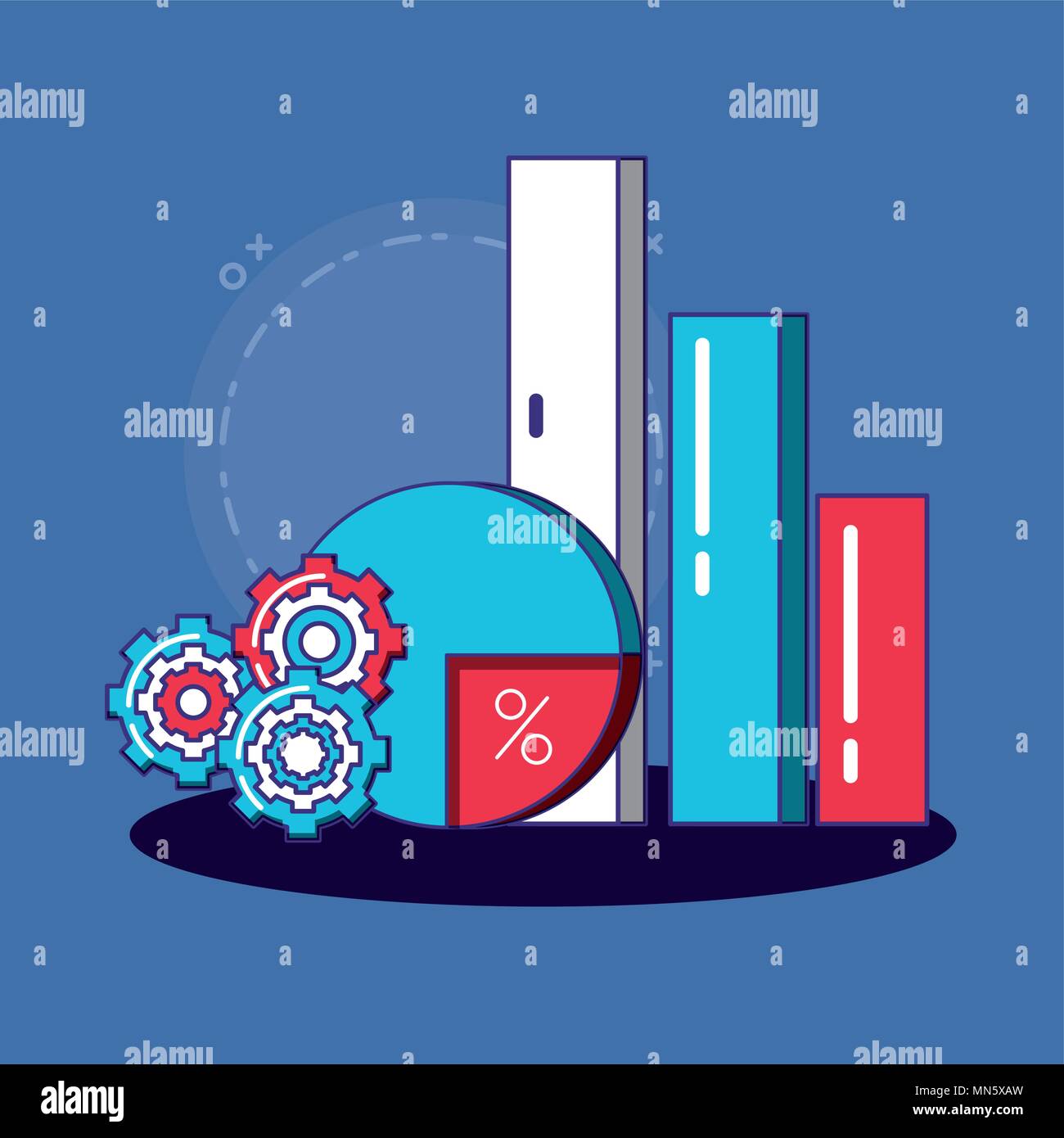 bar and pie chart with gear wheels over blue background, colorful ...