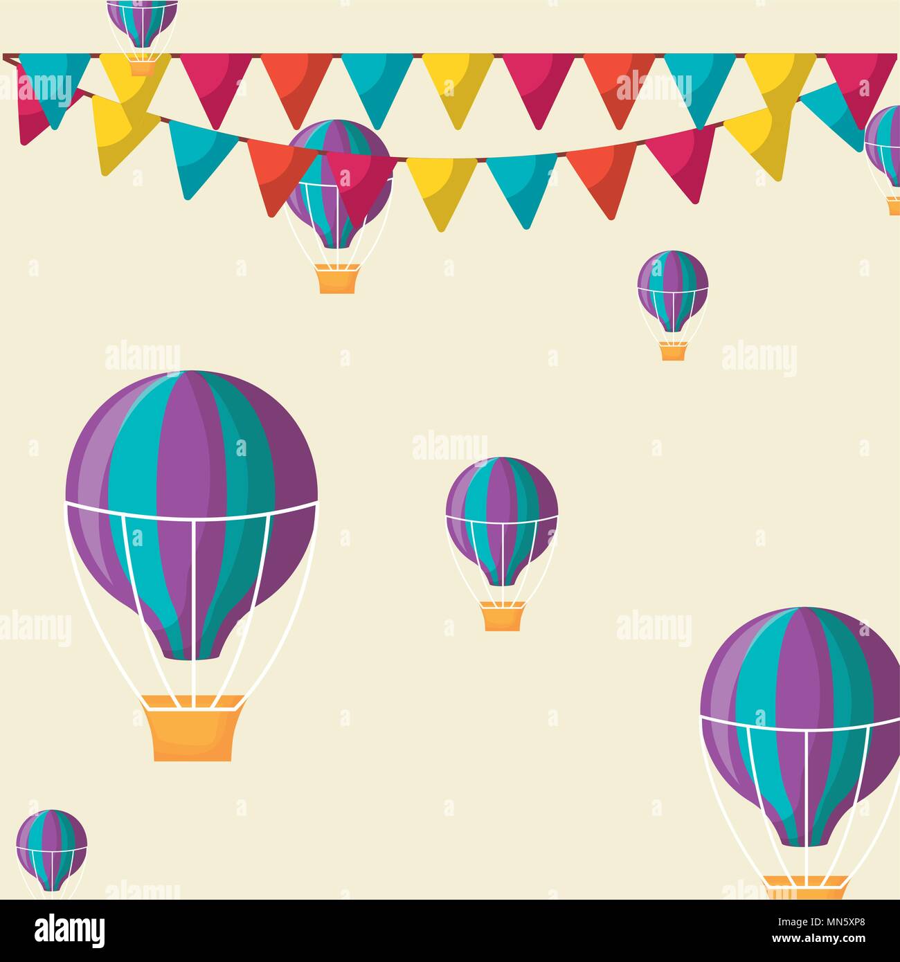 decorative pennants and hot air balloons over white background ...