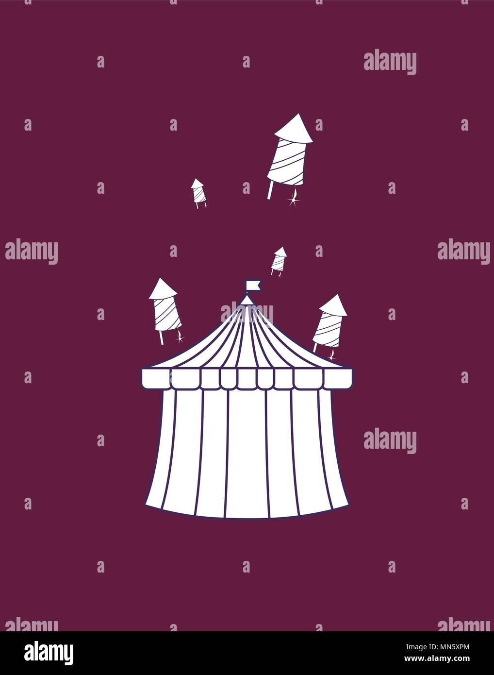 circus tent and firework rockets over purple background, colorful ...