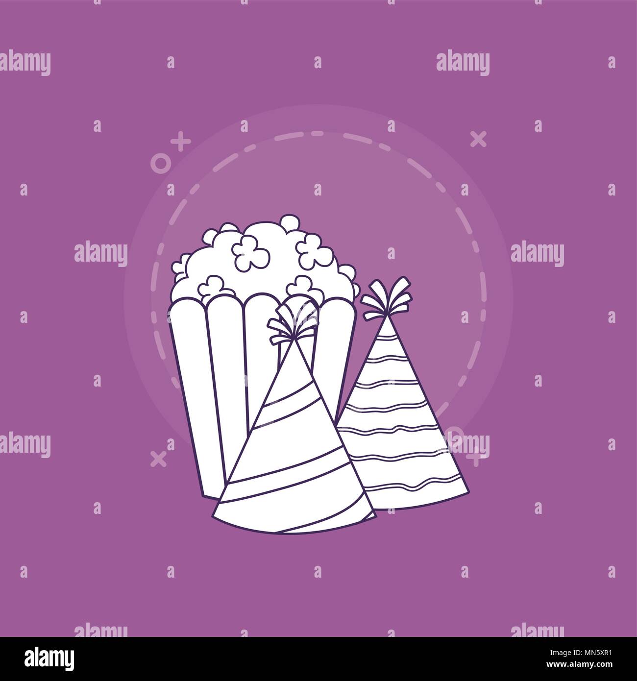 pop corn and party hats over purple background, colorful line design ...