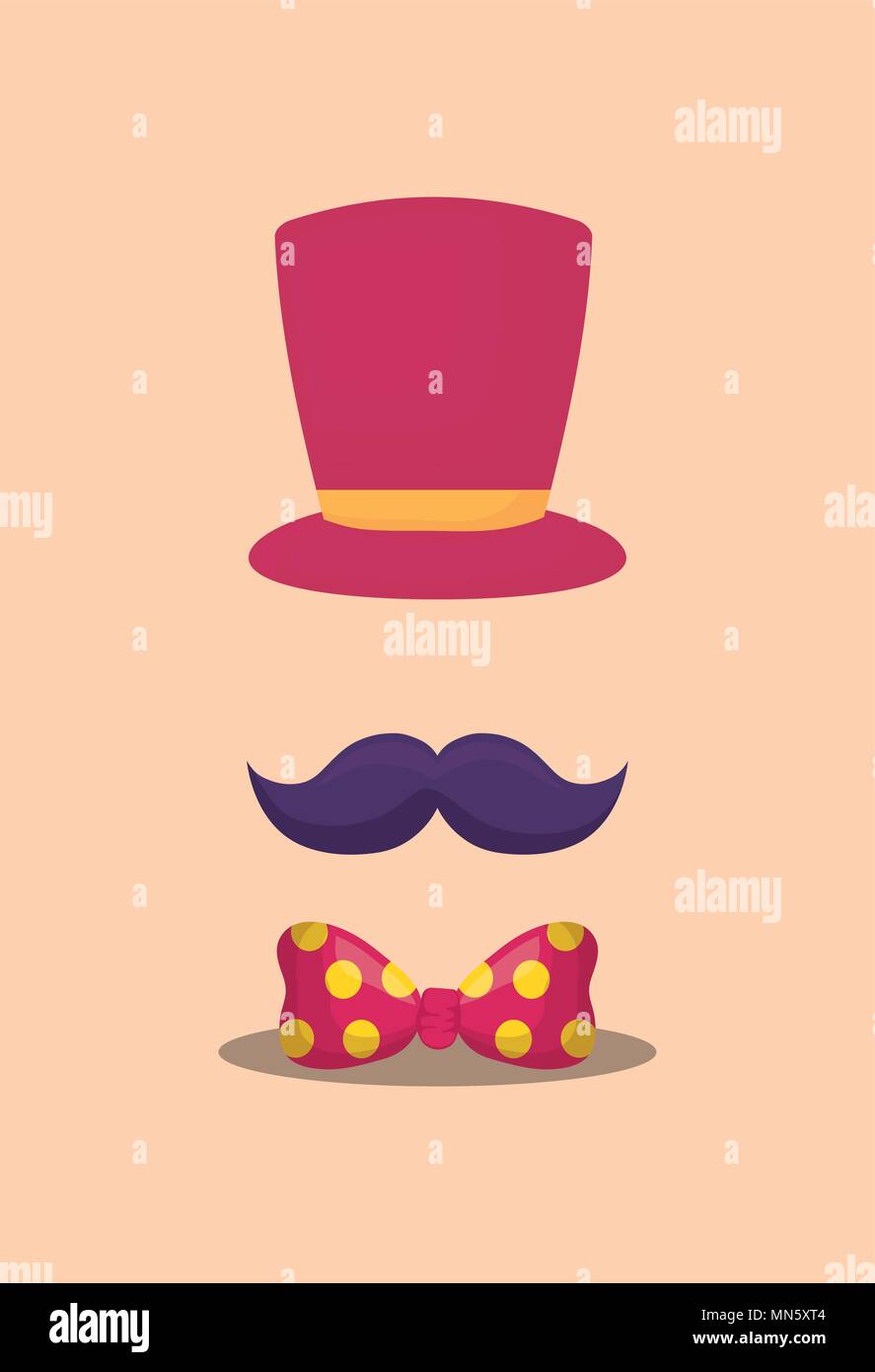 top hat with mustache and bow tie over orange background, colorful ...