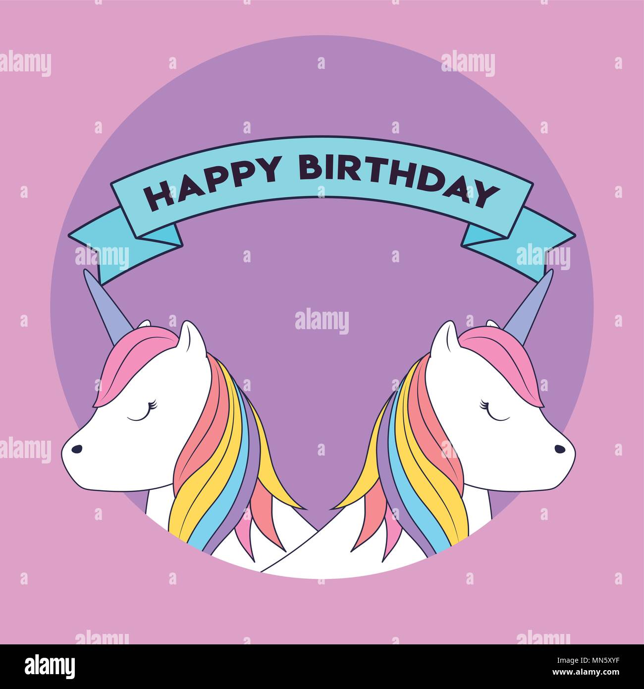 Happy birthday design with cute unicorns icon and decorative ribbon ...