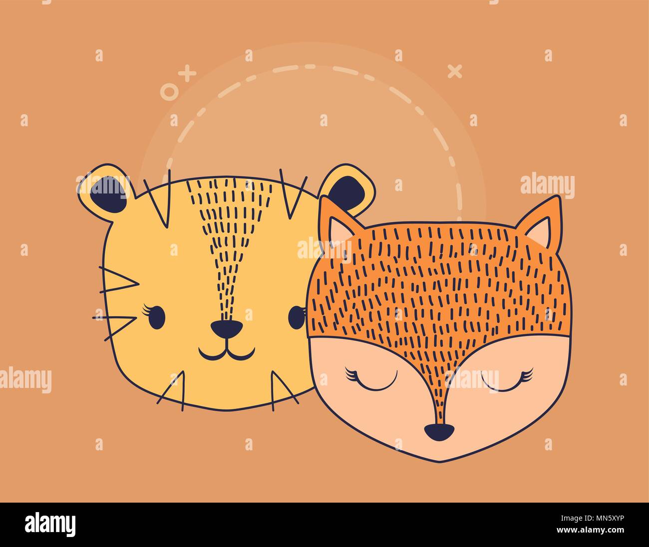 cute tiger and fox over orange background, colorful design. vector ...