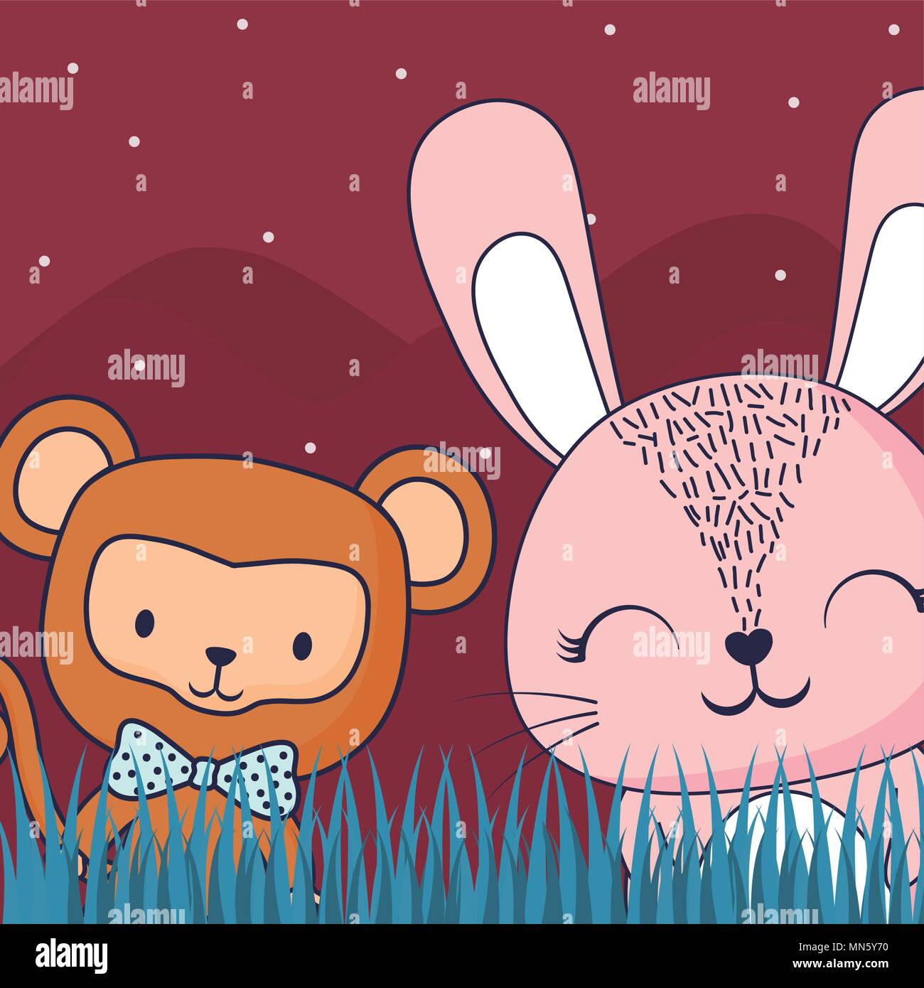 cute rabbit and monkey over forest landscape background, colorful ...