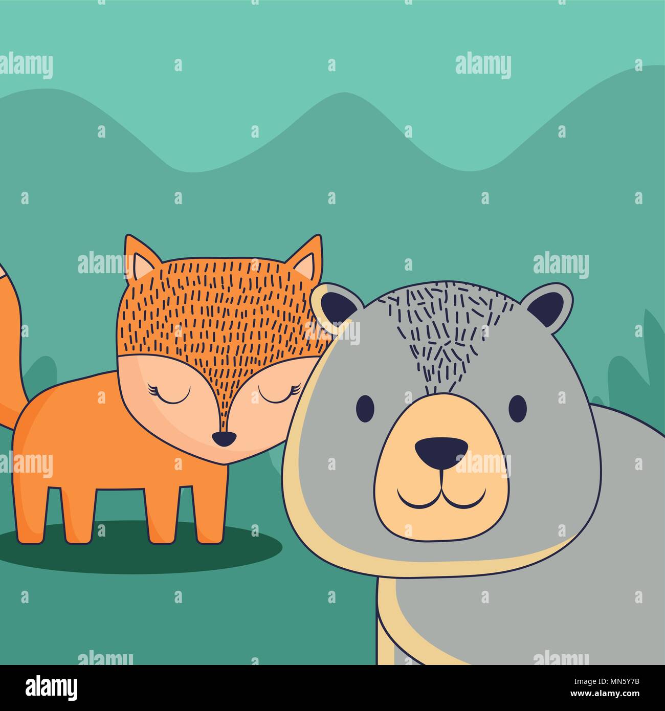 cute fox and bear over forest landscape background, colorful design ...