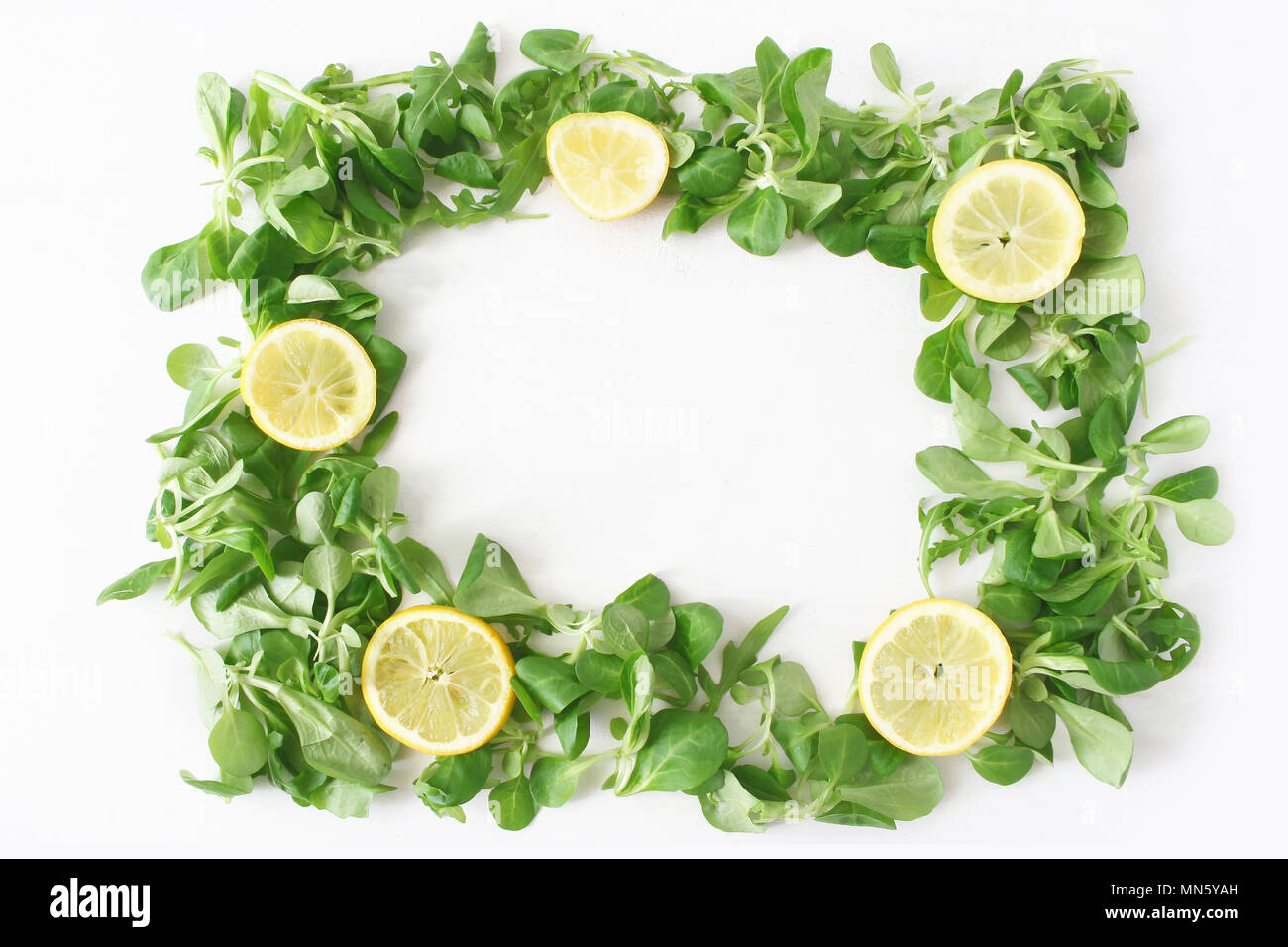 Decorative green vegetable frame composition. Various salad leaves ...