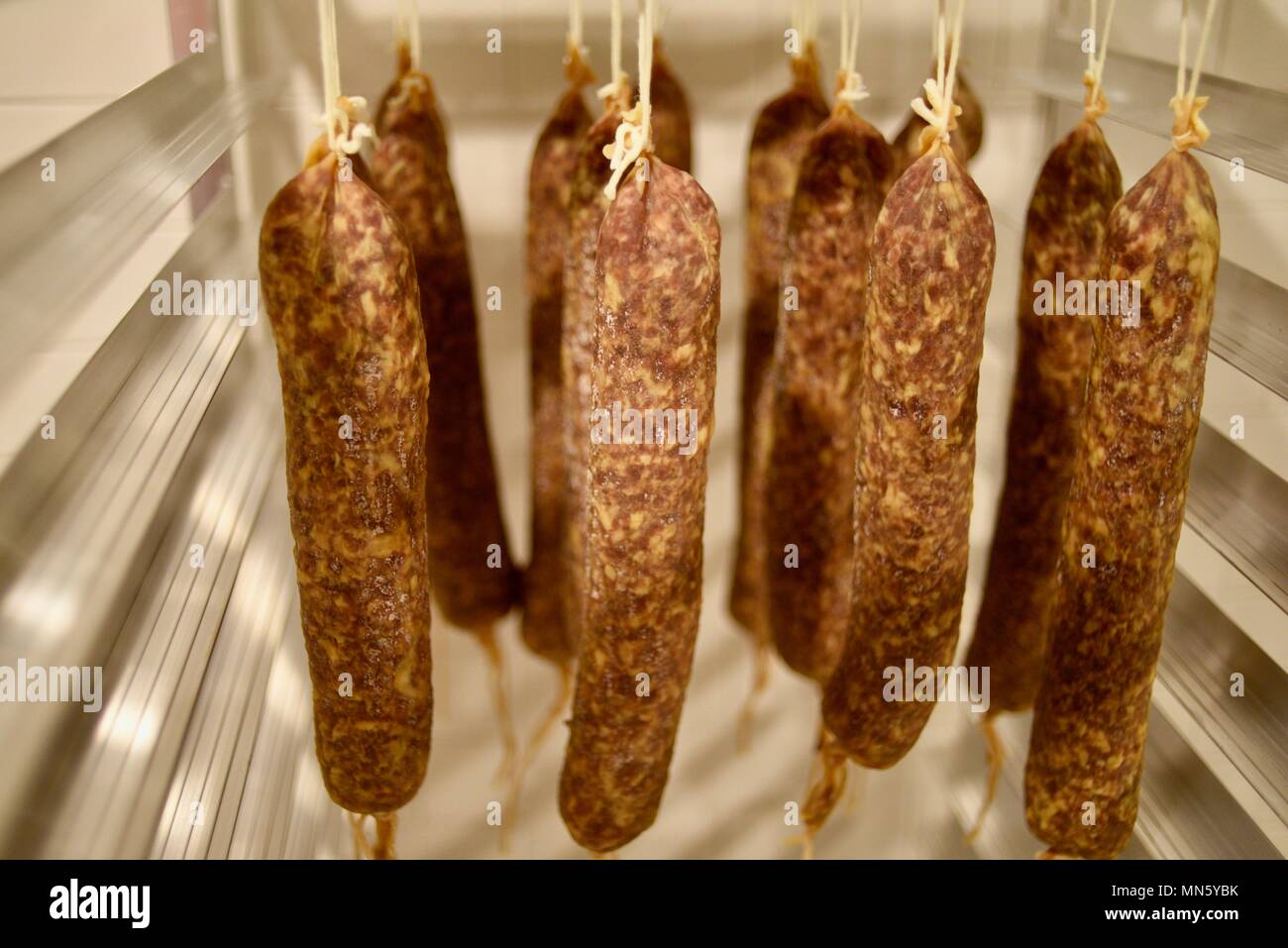 Sausage hanging and curing, house made, gourmet cured heritage Texas ...