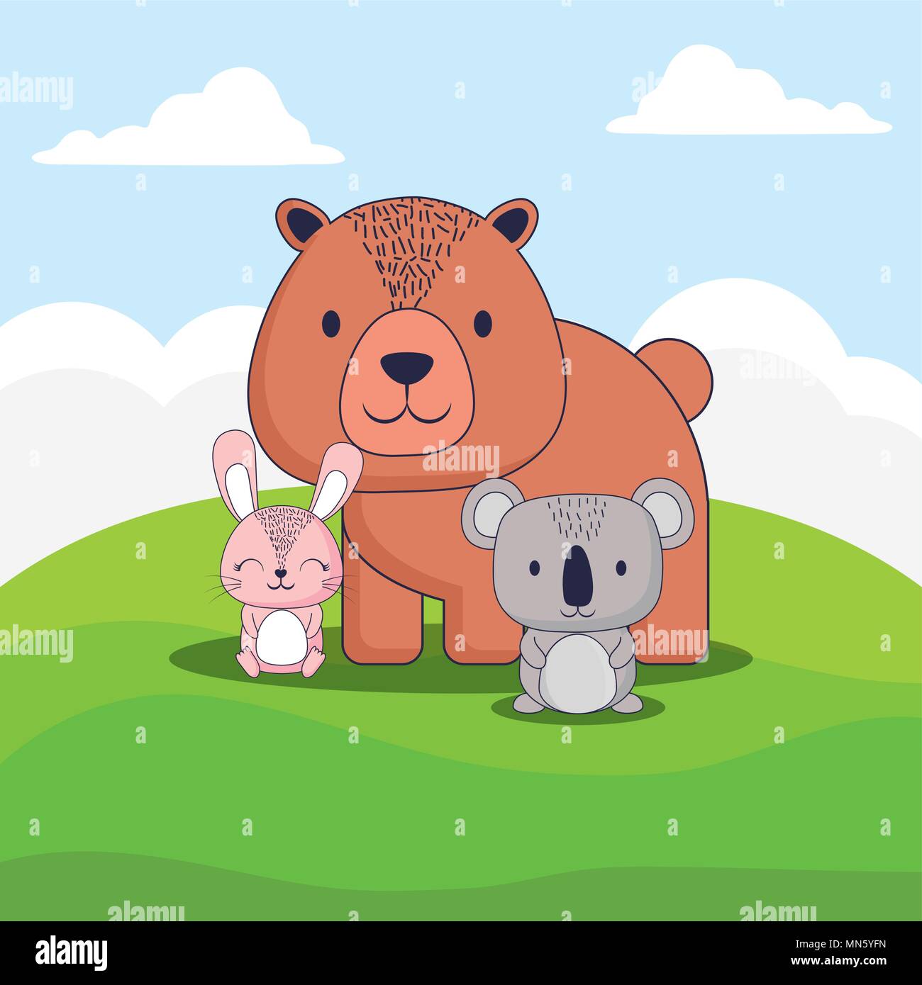cute bear with rabbit and koala over landscape background, colorful ...
